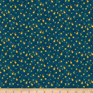 paintbrush studios forest fables stars & lanterns deep blue yellow, fabric by the yard