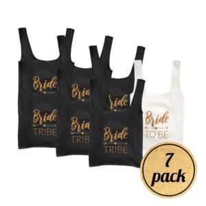 Pop Fizz Designs Bride Tribe Reusable Tote Bags | 7 Pack | 1 Bribe to Be Bag & 6 Bride Tribe Bags - Includes Matching Keychains | Perfect for Bachelorette Party Bags