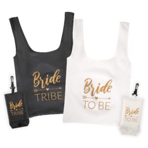 pop fizz designs bride tribe reusable tote bags | 7 pack | 1 bribe to be bag & 6 bride tribe bags - includes matching keychains | perfect for bachelorette party bags