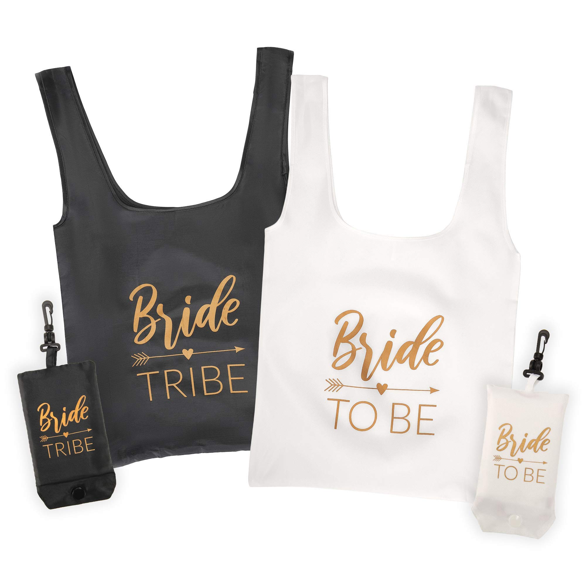 Pop Fizz Designs Bride Tribe Reusable Tote Bags | 7 Pack | 1 Bribe to Be Bag & 6 Bride Tribe Bags - Includes Matching Keychains | Perfect for Bachelorette Party Bags