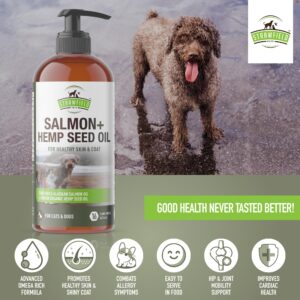 Strawfield Pets' Salmon + Hemp Oil Wild Alaskan Salmon Oil for Dogs & Cats with Organic Pet Hemp Oil Liquid Omega 3 Fish Oil for Dog Shedding, Dry Itchy Skin, Coat Supplement, USA 16 oz / 474 ml