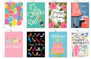 tiny expressions birthday cards for women – pack of 8, elegant and versatile designs with inside messages - includes 6" x 4.25" cards with a6 envelopes – perfect for mom, sister, friend, or coworker