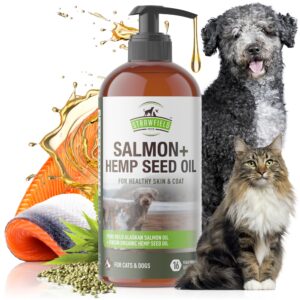 strawfield pets' salmon + hemp oil wild alaskan salmon oil for dogs & cats with organic pet hemp oil liquid omega 3 fish oil for dog shedding, dry itchy skin, coat supplement, usa 16 oz / 474 ml