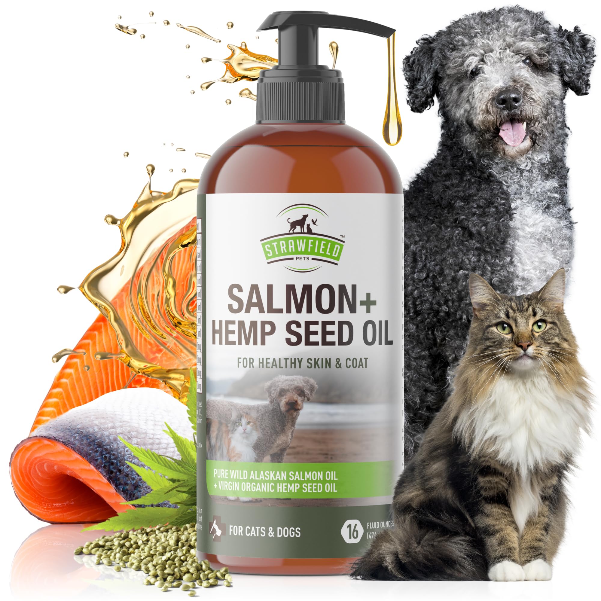 Strawfield Pets' Salmon + Hemp Oil Wild Alaskan Salmon Oil for Dogs & Cats with Organic Pet Hemp Oil Liquid Omega 3 Fish Oil for Dog Shedding, Dry Itchy Skin, Coat Supplement, USA 16 oz / 474 ml