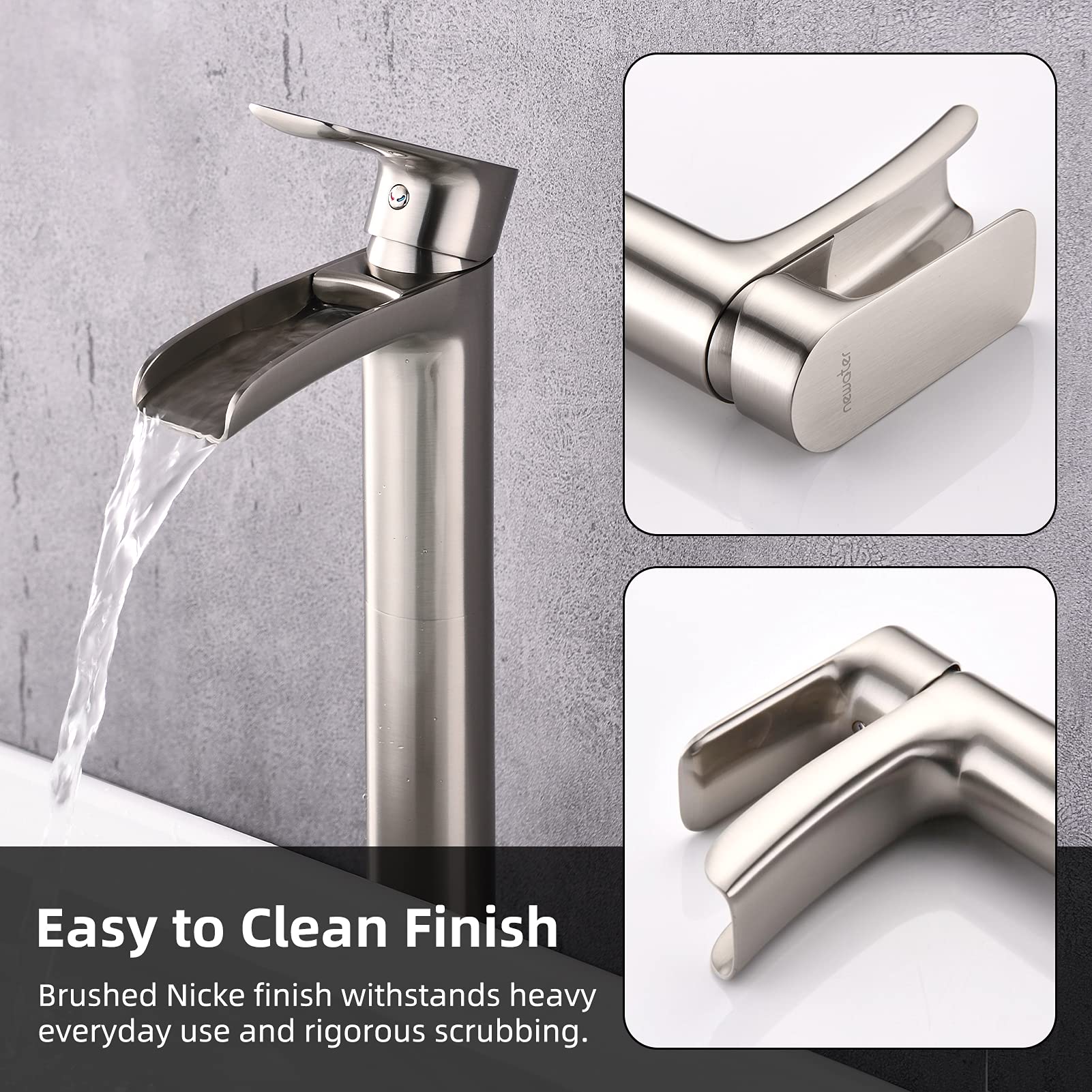 NEWATER Waterfall Spout Tall Vessel Bathroom Sink Faucet，Basin Mixer Tap Single Handle One Hole Brushed Nickel