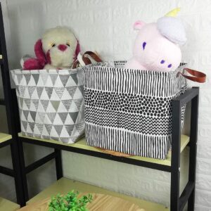 FANKANG Square Nursery Hamper Storage Bins Canvas Laundry Basket Foldable with Waterproof PE Coating Storage Baskets Gift Baskets for Children, Office, Bedroom, Clothes（Square-Black Lines ）