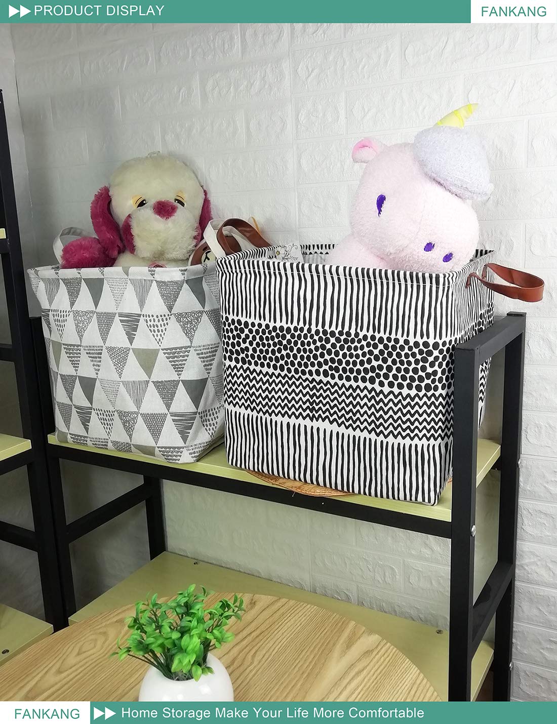 FANKANG Square Nursery Hamper Storage Bins Canvas Laundry Basket Foldable with Waterproof PE Coating Storage Baskets Gift Baskets for Children, Office, Bedroom, Clothes（Square-Black Lines ）