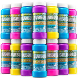 party bubbles for kids - (bulk pack of 24) 2-oz bubbles bulk solution with bubble wands assorted neon colors for outdoor toys summer games, birthday kids party favors, & goodie bags stuffers for kids