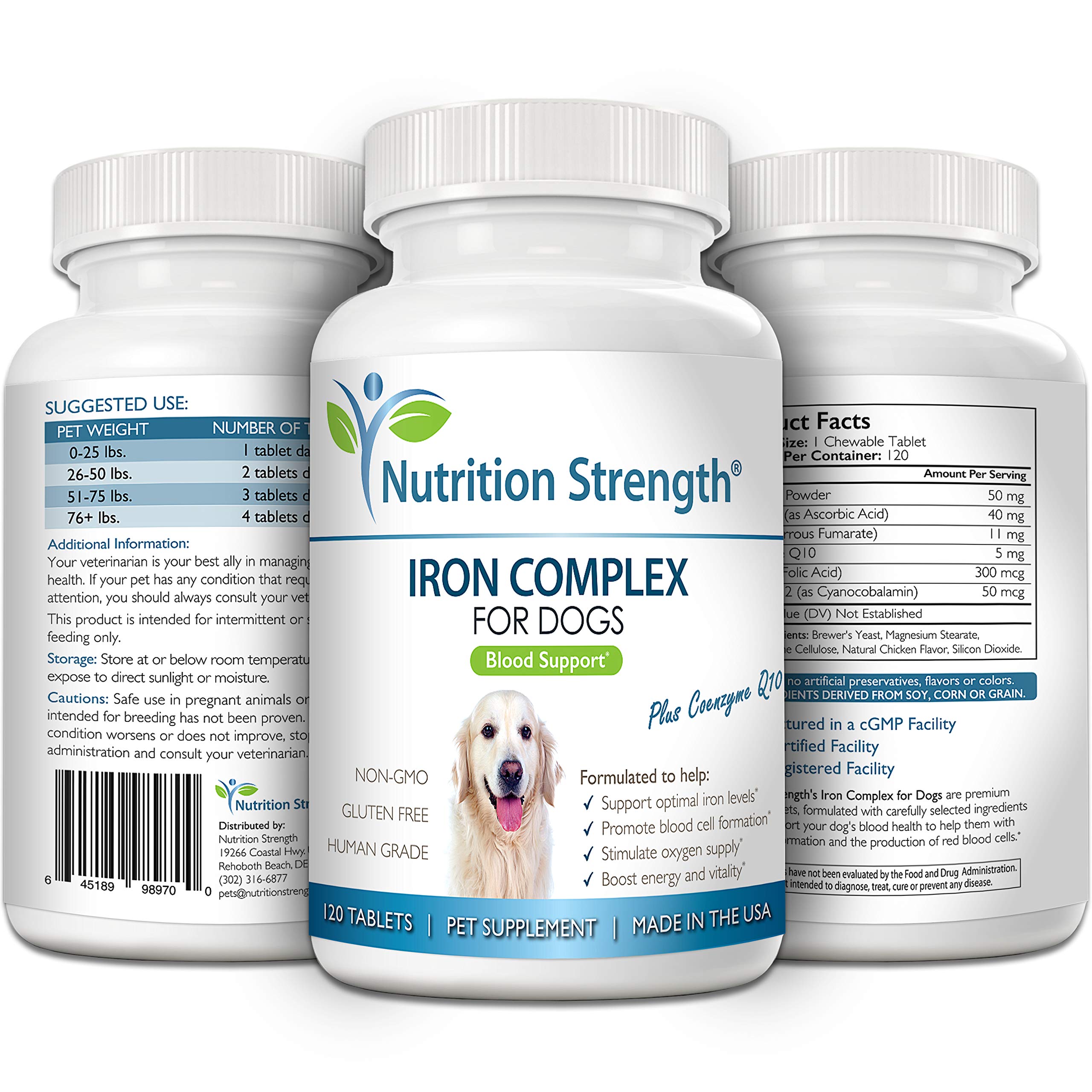 Nutrition Strength Iron for Dogs with Anemia to Support Blood Health, Blood Cell Formation & Oxygen Supply, Iron Supplement for Anemic Dogs + Vitamin C, Folate, Vitamin B12, 120 Chewable Tablets