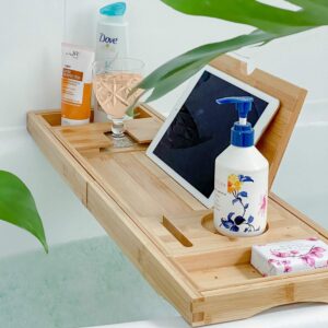 deep calm bathtub tray caddy - bamboo foldable bath tub table, expandable bath tray holds all bathtub accessories, perfect luxury relaxing gift for self care