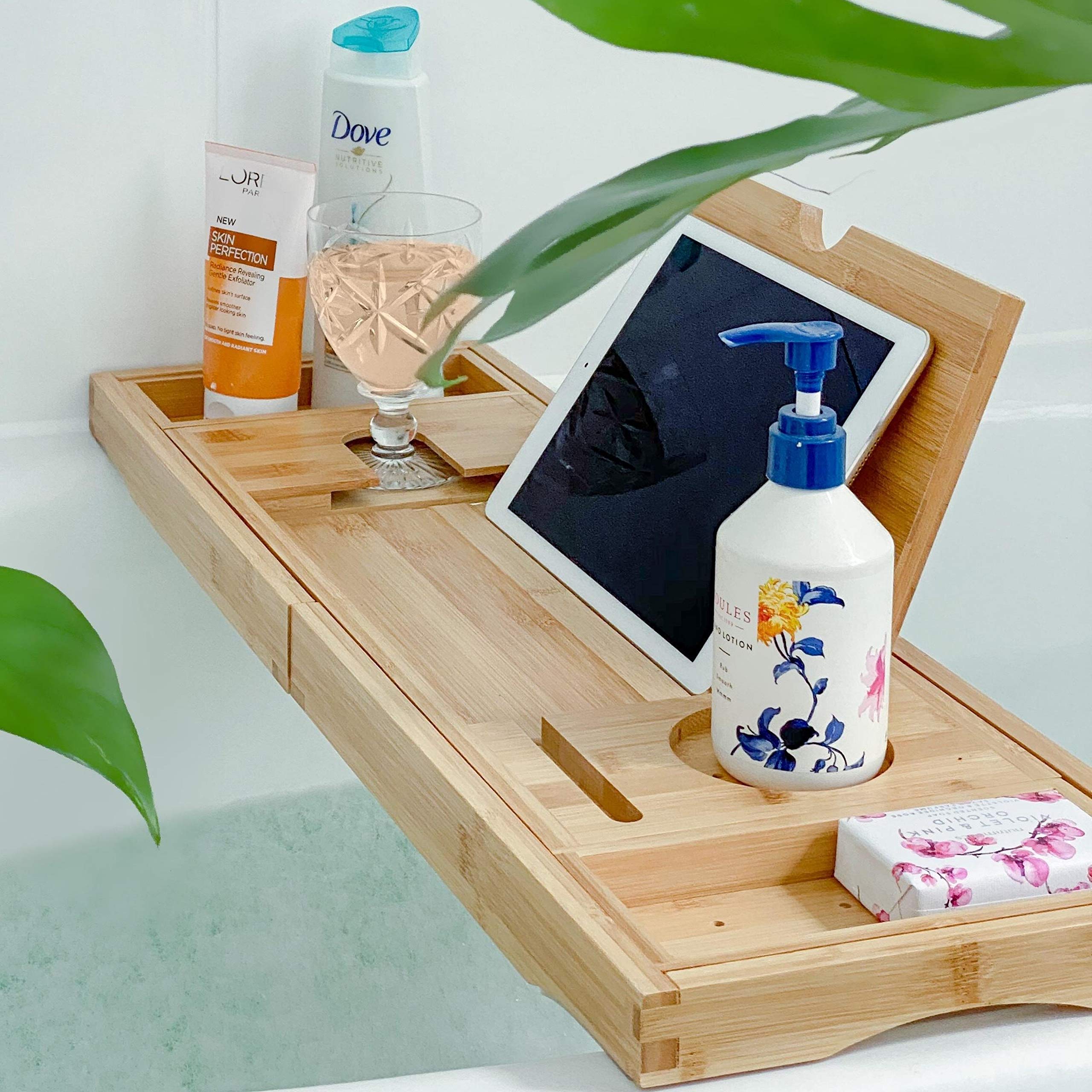 Deep Calm Bathtub Tray Caddy - Bamboo Foldable Bath Tub Table, Expandable Bath Tray Holds All Bathtub Accessories, Perfect Luxury Relaxing Gift for Self Care