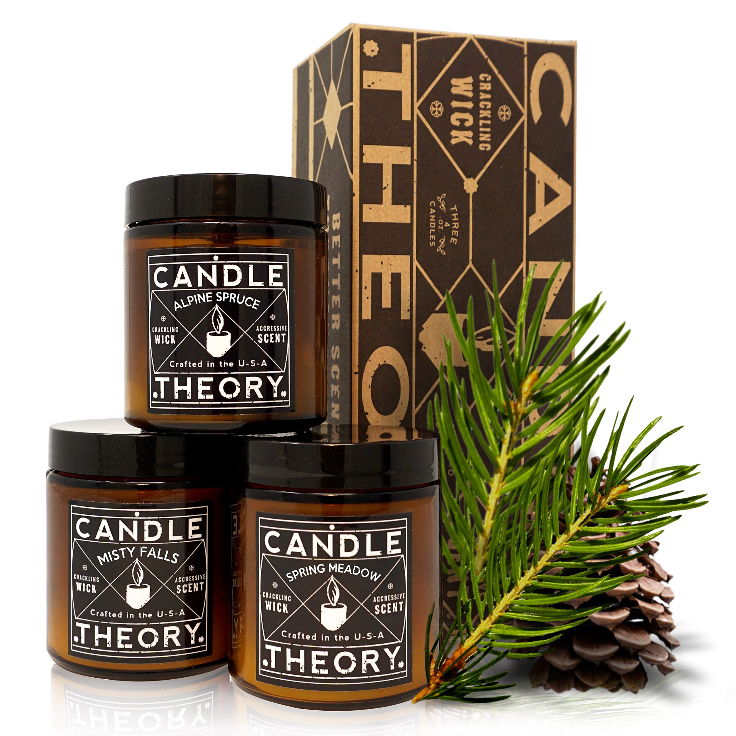 Scented Candle Gift Set with Crackling Wood Wicks 3, 4oz Candles, Misty Falls, Alpine Spruce, Spring Meadow - Designed for Both Men Women, Man Cave Decor Wood Wicks Candle Wood Wick Candles for Home