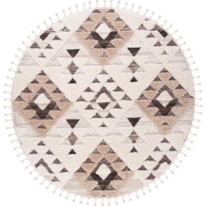 SAFAVIEH Moroccan Tassel Shag Collection Area Rug - 6'7" Round, Ivory & Brown, Boho Design, Non-Shedding & Easy Care, 2-inch Thick Ideal for High Traffic Areas in Living Room, Bedroom (MTS688A)