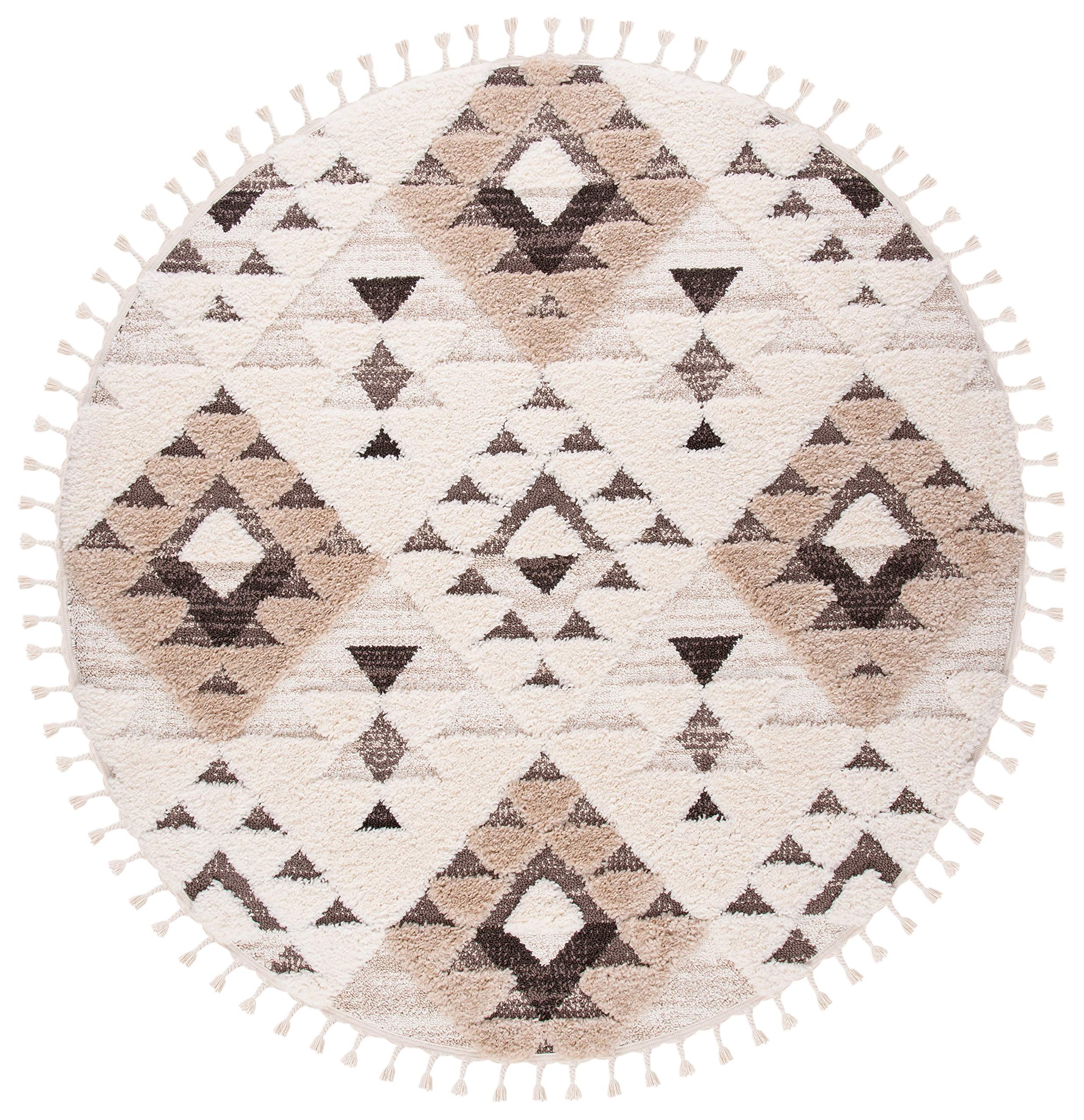 SAFAVIEH Moroccan Tassel Shag Collection Area Rug - 6'7" Round, Ivory & Brown, Boho Design, Non-Shedding & Easy Care, 2-inch Thick Ideal for High Traffic Areas in Living Room, Bedroom (MTS688A)