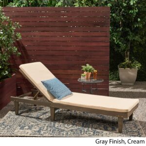 GDFStudio Great Deal Furniture Outdoor Acacia Wood Chaise Lounge and Cushion Set, Gray and Cream