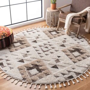 safavieh moroccan tassel shag collection area rug - 6'7" round, ivory & brown, boho design, non-shedding & easy care, 2-inch thick ideal for high traffic areas in living room, bedroom (mts688a)