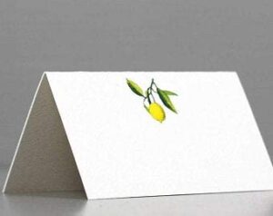 nancy nikko place cards with lemon on branch for weddings, showers, and dinner parties. table tent style, scored for easy folding. available in pkgs of 25