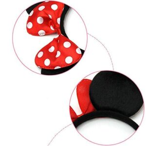 winvin Set of 24 Mouse Costume Deluxe Fabric Ears Headband White Polka Dots Bow Boys Girls Birthday Party Hairs Accessories Baby Shower Headwear Halloween Party Favors Decorations (Black Red)