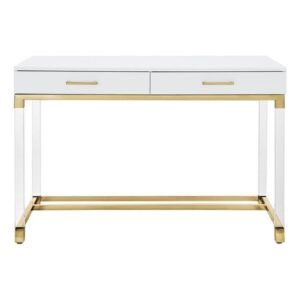 posh briar 2-drawer metal writing desk with acrylic legs in white/gold