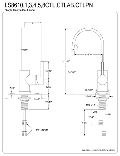 Kingston Brass LS8611CTL Continental Bar Faucet, 5-7/8" (L) x 4-15/16" (W) x 11-11/16" (H), Polished Chrome