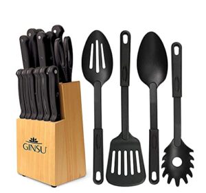 ginsu kiso 18-piece black knife set with natural block - dishwasher safe and always sharp