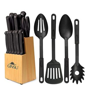 Ginsu Kiso 18-Piece Black Knife Set with Natural Block - Dishwasher Safe and Always Sharp