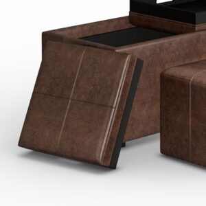 SIMPLIHOME Avalon 35 inch Wide Contemporary Rectangle 5 Pc Storage Ottoman in Distressed Chestnut Brown Vegan Faux Leather, Assembled, For the Living Room, Entryway and Family Room