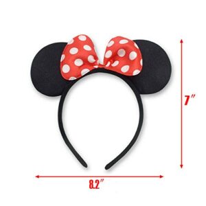 winvin Set of 24 Mouse Costume Deluxe Fabric Ears Headband White Polka Dots Bow Boys Girls Birthday Party Hairs Accessories Baby Shower Headwear Halloween Party Favors Decorations (Black Red)