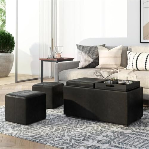 SIMPLIHOME Avalon 35 inch Wide Contemporary Rectangle 5 Pc Storage Ottoman in Distressed Black Vegan Faux Leather, Assembled, for the Living Room, Entryway and Family Room