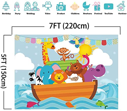 Cartoon Noah's Ark Sea Photography Backdrops Vinyl 7x5ft Wild Safari Animals Zoo Photo Backgrounds Baby Shower Party Banner Decoration Supplies for Children Birthday Cake Table Photo Booth Props