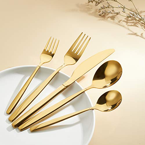 Gold Silverware Set for 4, 20 Piece Gold Utensils, 18/10 Stainless Steel Utensils Set Titanium Gold Plated, Dishwasher Safe Gold Flatware, Great for Wedding or Daily Use