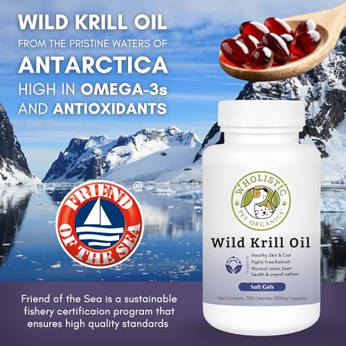 Wholistic Pet Organics - Krill Oil Soft Gel Capsules for Dogs - Supports Dog Joint Health, Shiny Coat & Heart Wellness - Omega-3 & Astaxanthin Supplement - 200 Count