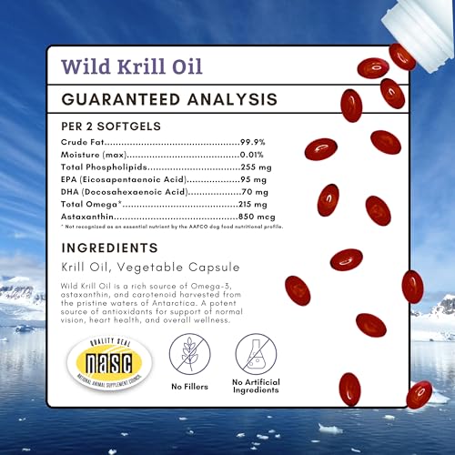 Wholistic Pet Organics - Krill Oil Soft Gel Capsules for Dogs - Supports Dog Joint Health, Shiny Coat & Heart Wellness - Omega-3 & Astaxanthin Supplement - 200 Count