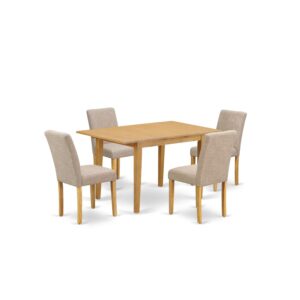 east west furniture noab5-oak-04 5 piece dining set includes a rectangle dining room table with butterfly leaf and 4 light tan linen fabric upholstered chairs, 32x54 inch, oak