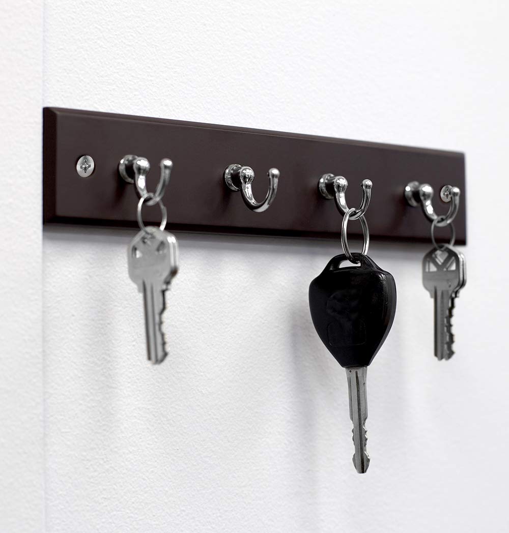 Home Basics 4 Hook Wall Mounted Key Rack Engineered Cherry Wood Finish for Organizing Keys, Coats, and Accessories | Simple Design adds a Function Addition to Any entryway, Kitchen, or Hallway