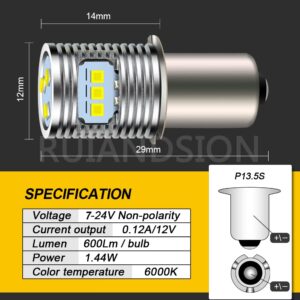 Ruiandsion P13.5S LED Flashlight Bulb Upgrade 18V 19.2V 24V 7-24 Volt P13.5S Base LED Bulbs Replacement for Flashlight Torch Lantern Work Lights,Non-Polarity (Pack of 1)