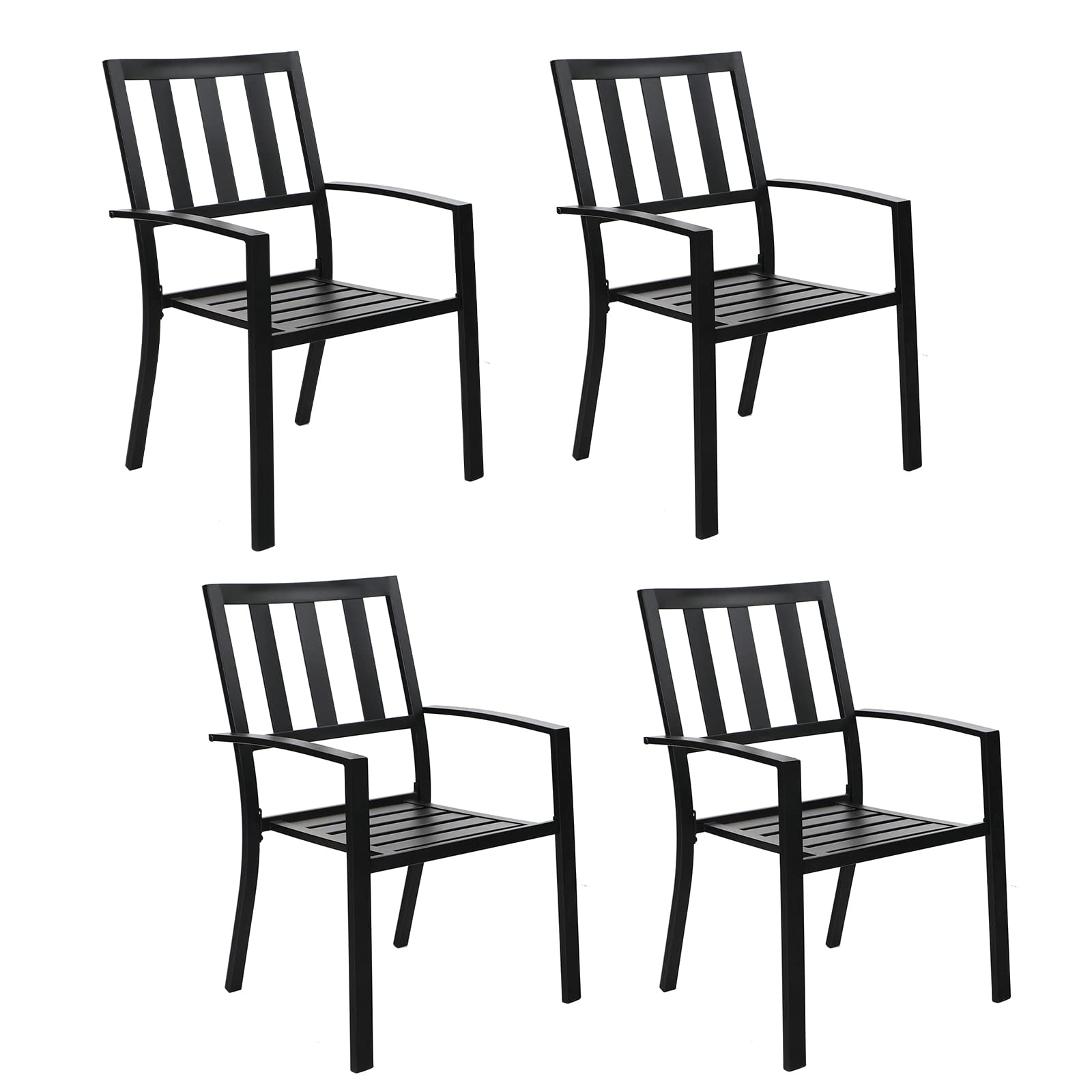 MFSTUDIO 4 Piece Black Metal Outdoor Furniture Patio Steel Frame Slat Seat Dining Arm Chairs with Angle Back,(Black)