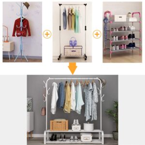 UDEAR Garment Rack Free-standing Clothes Rack with Top Rod,Lower Storage and 6 Hooks, White