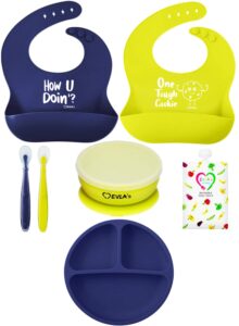 evla's baby feeding set, baby led weaning supplies, adjustable silicone bibs, divided plate, suction bowl with lid, soft spoons for babies or toddlers, baby registry must have!