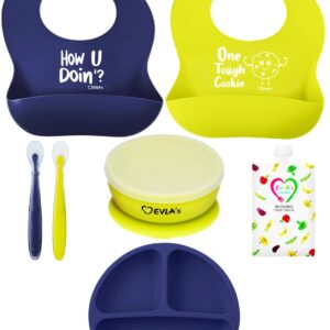 EVLA'S Baby Feeding Set, Baby Led Weaning Supplies, Adjustable Silicone Bibs, Divided Plate, Suction Bowl with Lid, Soft Spoons for Babies or Toddlers, Baby Registry must have!