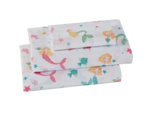 luxury home collection girls/teens 4 piece full size sheet set mermaid under the sea star fish sea horse pink white blue green yellow