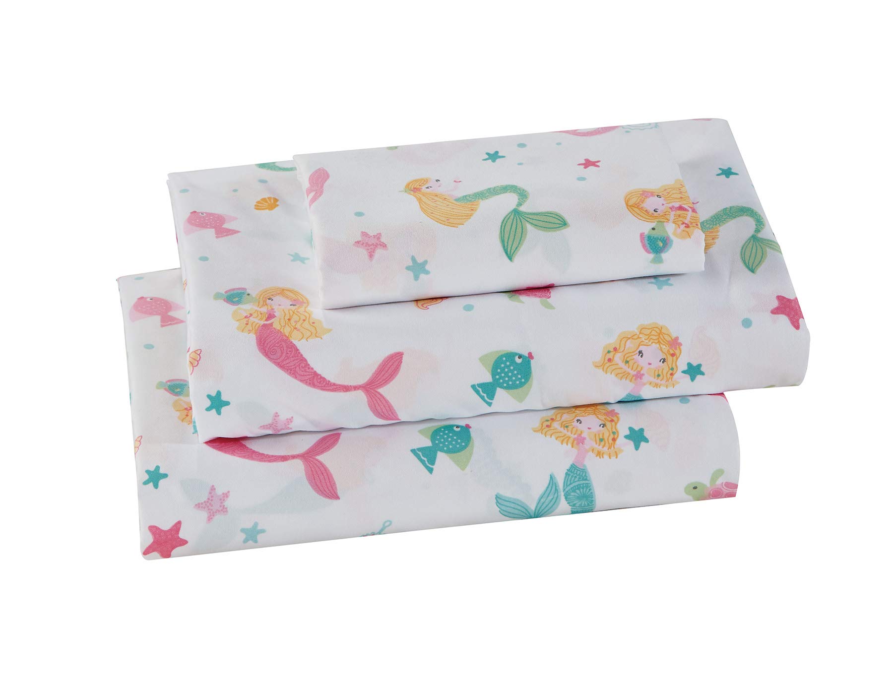 Luxury Home Collection Girls/Teens 4 Piece Full Size Sheet Set Mermaid Under The Sea Star Fish Sea Horse Pink White Blue Green Yellow