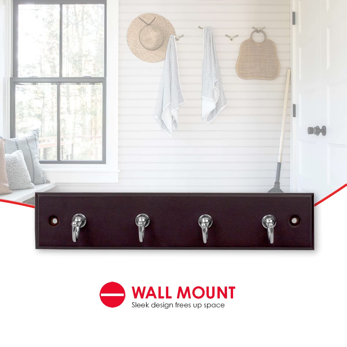 Home Basics 4 Hook Wall Mounted Key Rack Engineered Cherry Wood Finish for Organizing Keys, Coats, and Accessories | Simple Design adds a Function Addition to Any entryway, Kitchen, or Hallway