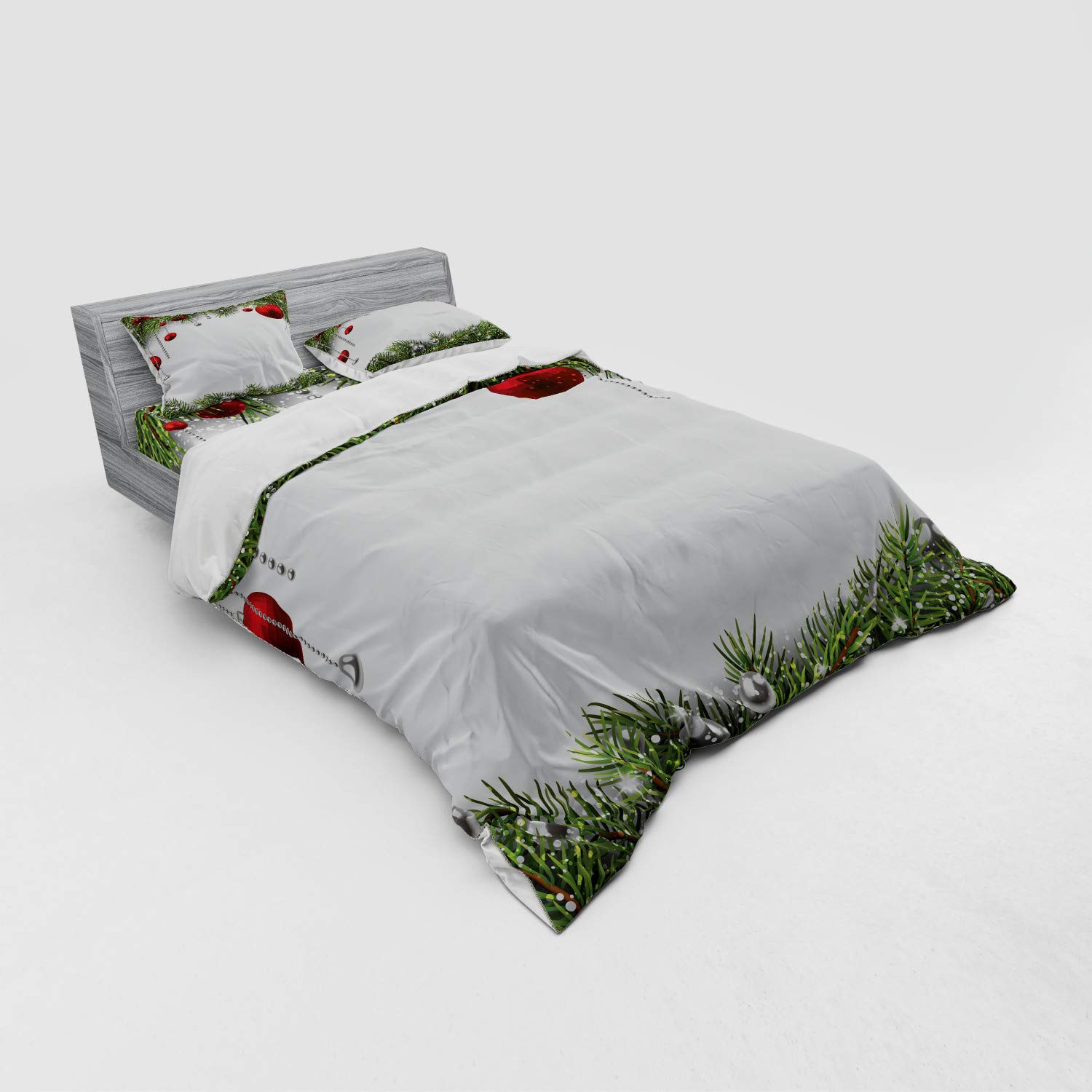 Ambesonne Christmas Bedding Set, Noel Time Backdrop with Fir Pine Leaves Celebration Ball Classic Seasonal Design, 4 Piece Duvet Cover Set with Shams and Fitted Sheet, Queen Size, Multicolor