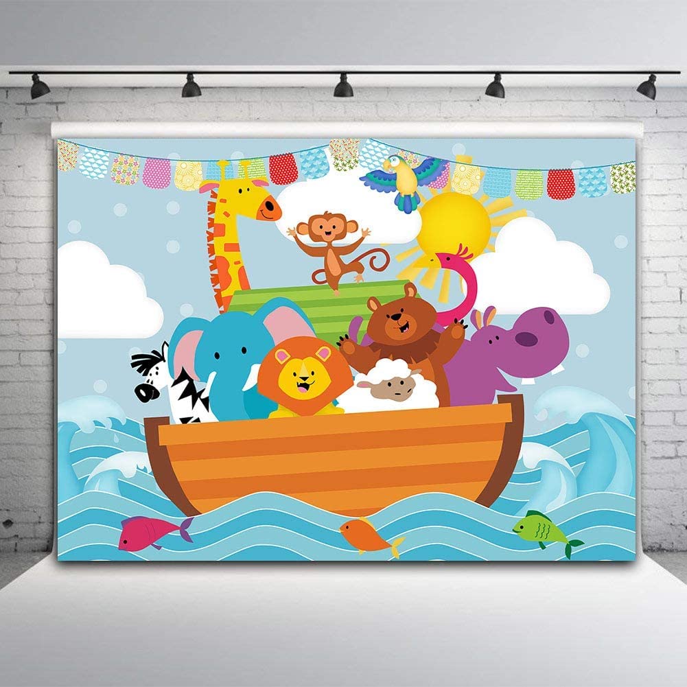 Cartoon Noah's Ark Sea Photography Backdrops Vinyl 7x5ft Wild Safari Animals Zoo Photo Backgrounds Baby Shower Party Banner Decoration Supplies for Children Birthday Cake Table Photo Booth Props