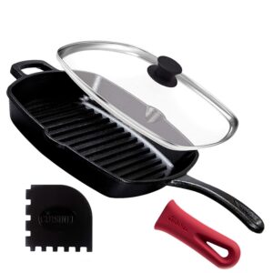 cuisinel cast iron square grill pan + glass lid + pan scraper + handle cover - 10.5" pre-seasoned ridged skillet - grill, stovetop, fire, indoor/outdoor use - for grilling, frying, sauteing