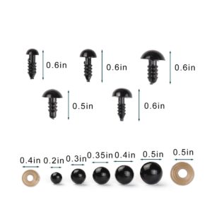 100PCS 6mm-12mm Solid Black Eyes with Washers, Sewing for DIY of Puppet, Plush Animal Making and Teddy Bear