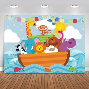 Cartoon Noah's Ark Sea Photography Backdrops Vinyl 7x5ft Wild Safari Animals Zoo Photo Backgrounds Baby Shower Party Banner Decoration Supplies for Children Birthday Cake Table Photo Booth Props