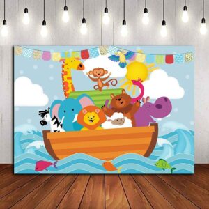 Cartoon Noah's Ark Sea Photography Backdrops Vinyl 7x5ft Wild Safari Animals Zoo Photo Backgrounds Baby Shower Party Banner Decoration Supplies for Children Birthday Cake Table Photo Booth Props