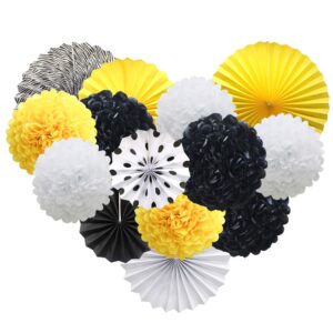 yellow white black hanging paper party decorations, round paper fans set paper pom poms flowers for bee baby shower decorations batman birthday party